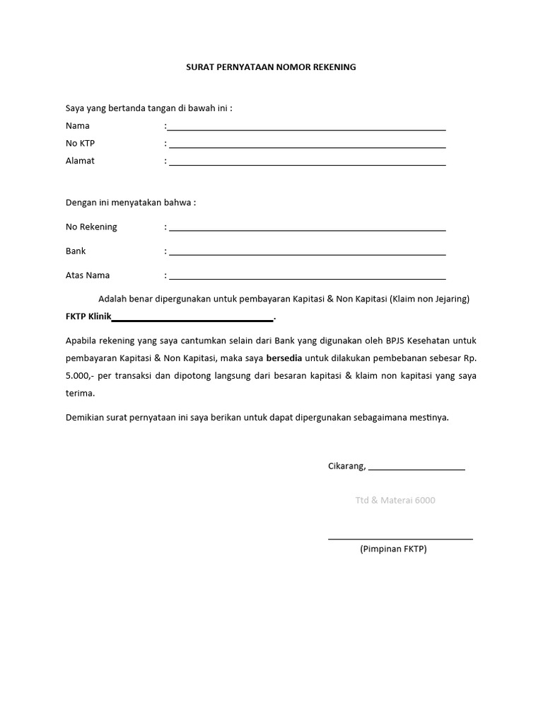 Lampiran 5 - Surat Pernyataan Nomor Rekening | PDF | Pengelolaan ...
