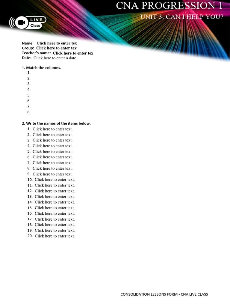 CNA Live Class - Intermediate 1 - CNA Progression 1 - Activity Book - Unit 3 | PDF | Clothing