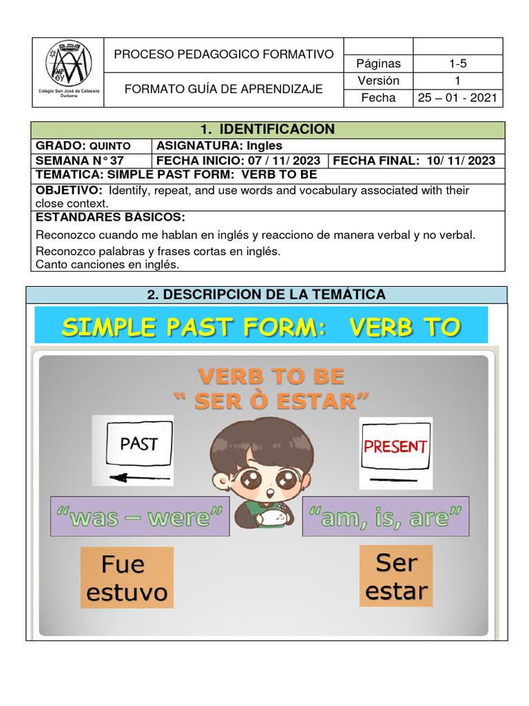 Simple Past Form: Verb To BE: 1. Identificacion | PDF