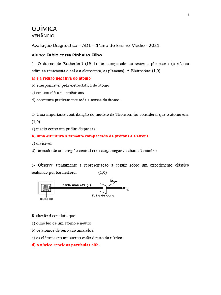 AD1 QUÍMICA 1°ANO | PDF | Elétron | Núcleo atômico