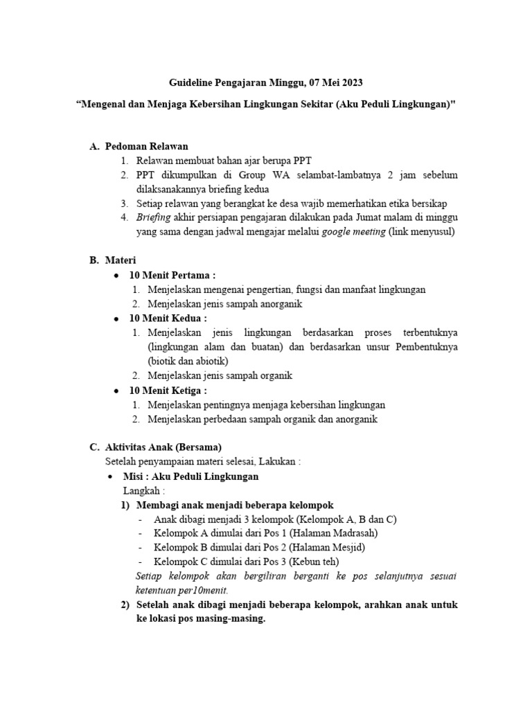 Guideline Pengajaran 2 (Mengenal Lingkungan Sekitar (Aku Peduli Lingkungan) ) | PDF