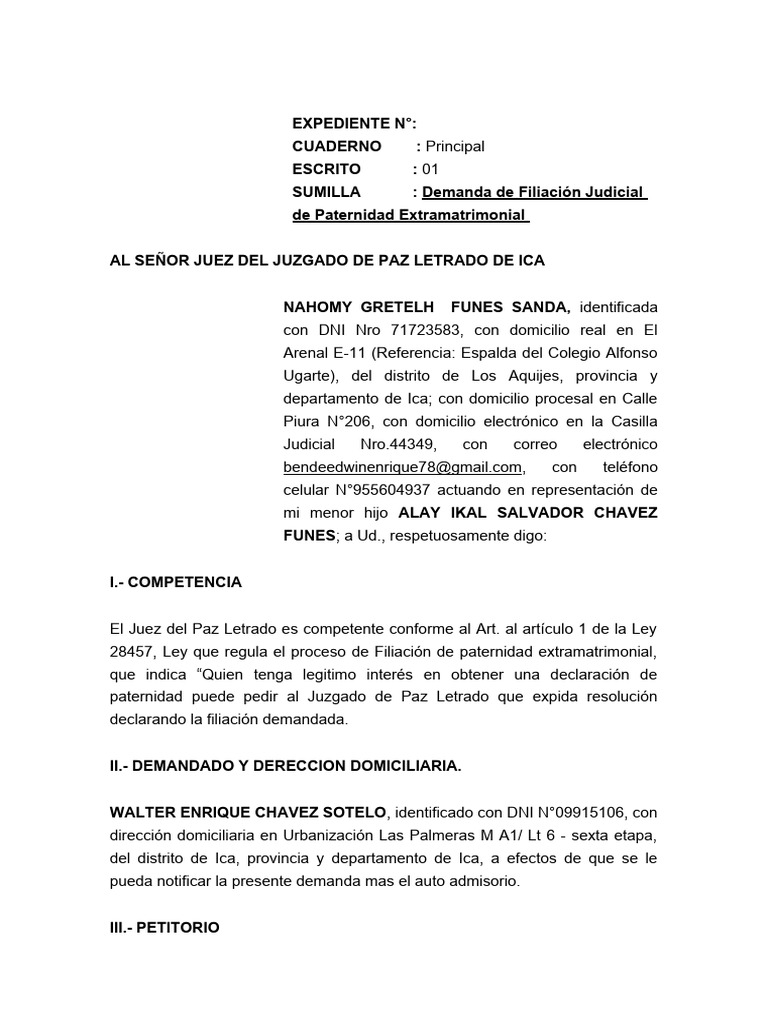 Demanda de Filiación FINAL | PDF | Demanda judicial | Ley procesal