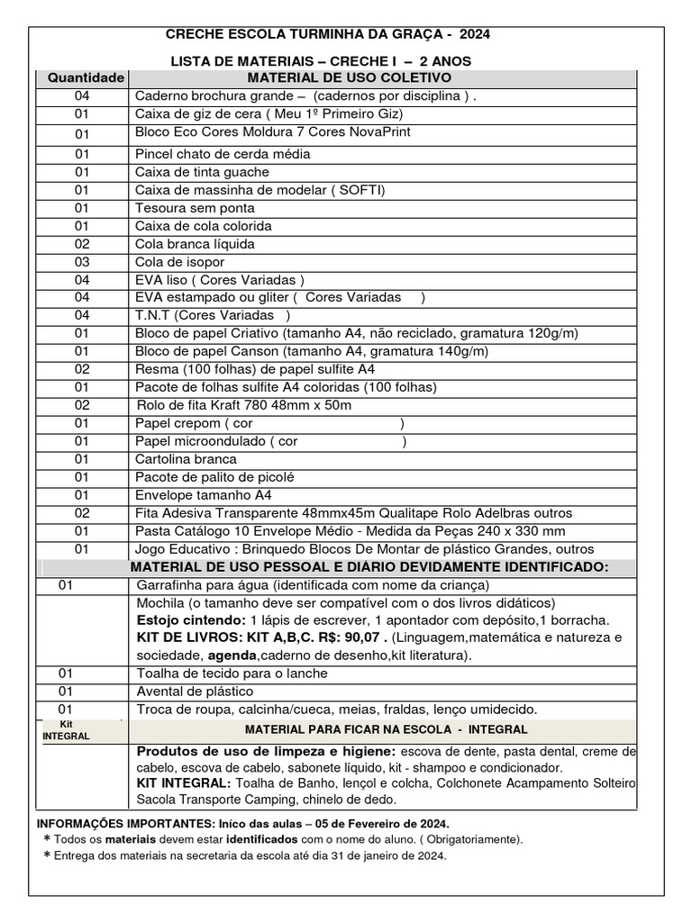 Lista de Material Escolar 2024turminhadagraça | PDF | Papel