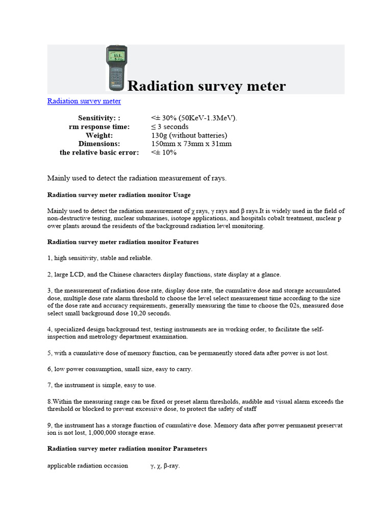 Radiation Survey Meter | PDF | Radiation | Nuclear Physics Radiation Survey Meter | PDF | Radiation | Nuclear Physics