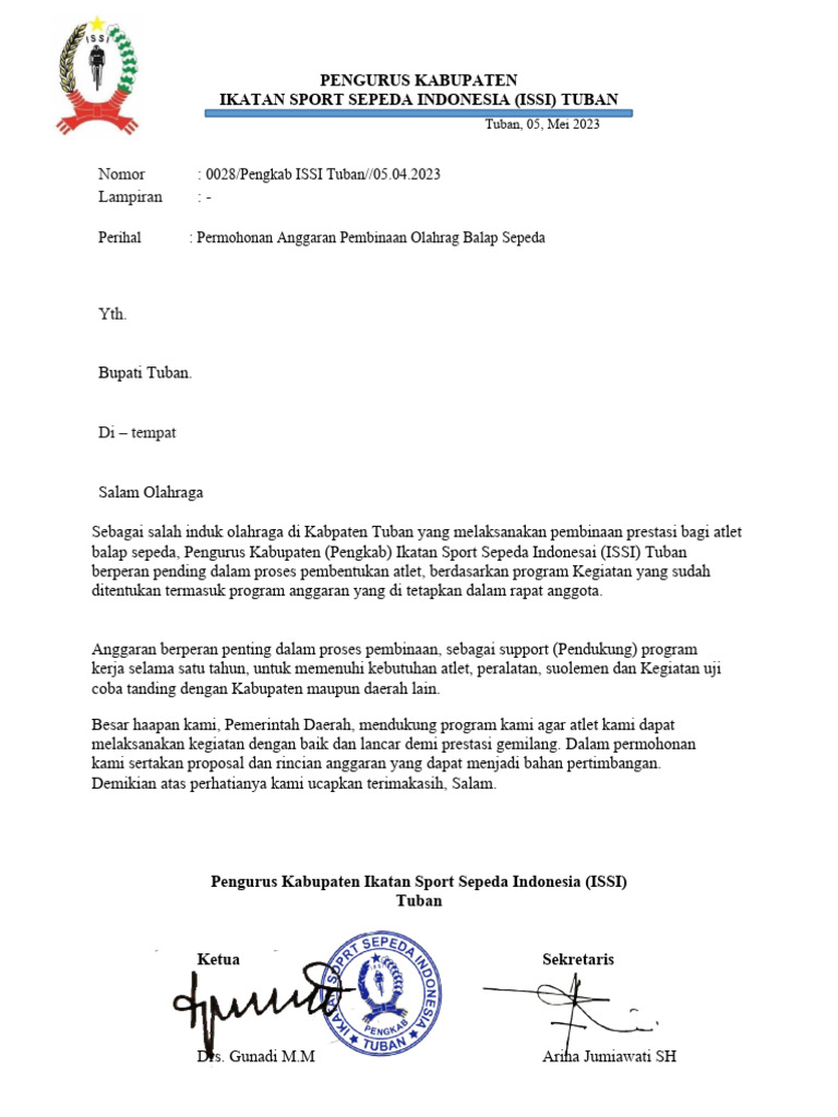 Permohonan Anggaran ISSI Tuban | PDF