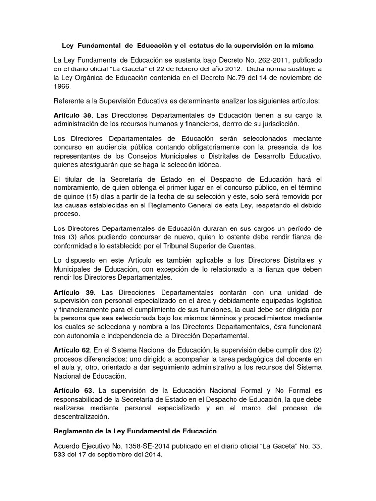 Resumen Ley Fundamental de Educación y El Estatus de La Supervisión en La Misma | PDF | Maestros ...