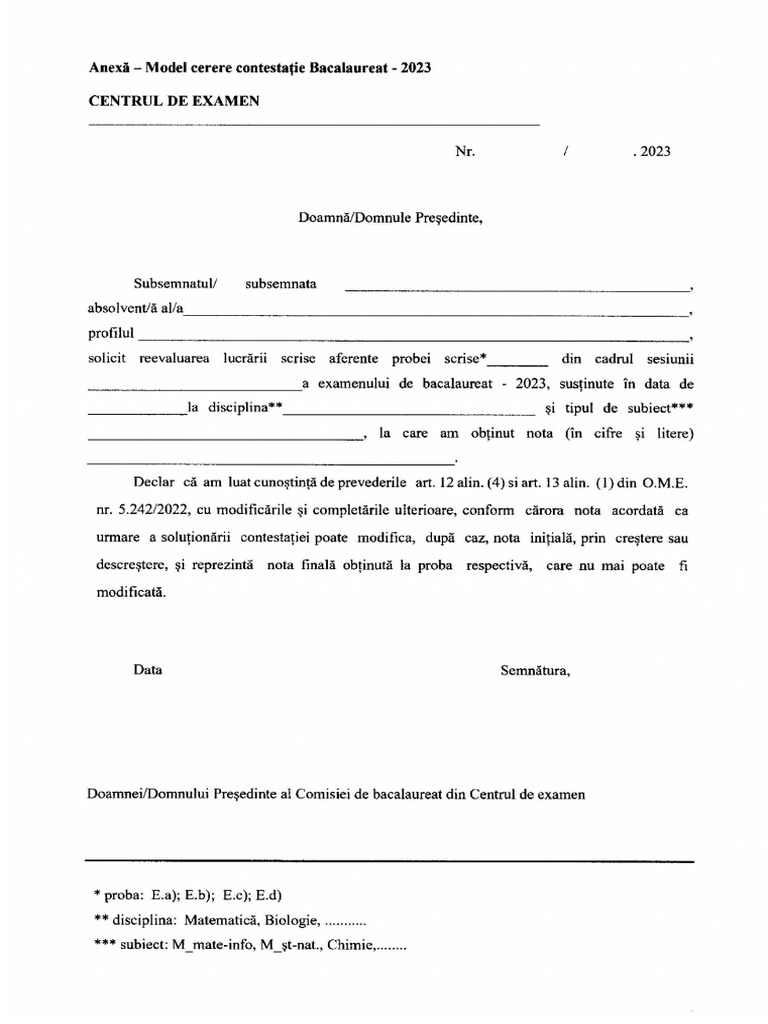 Model Cerere Contestatie BAC 2023 | PDF