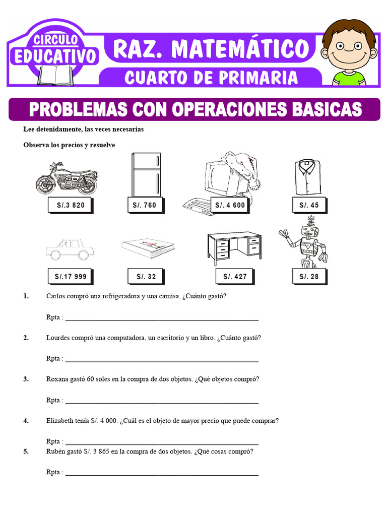 Problemas Con Operaciones Basicas para Cuarto de Primaria | PDF