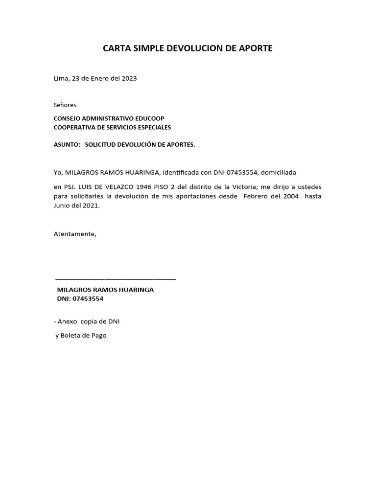 Carta Simple Devolucion de Aporte | PDF