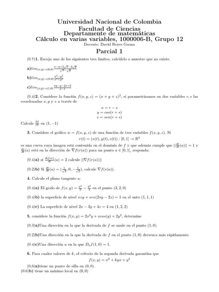 Parcial 1 C Lculo Varias Variables | PDF | Función (Matemáticas) | Conceptos matemáticos