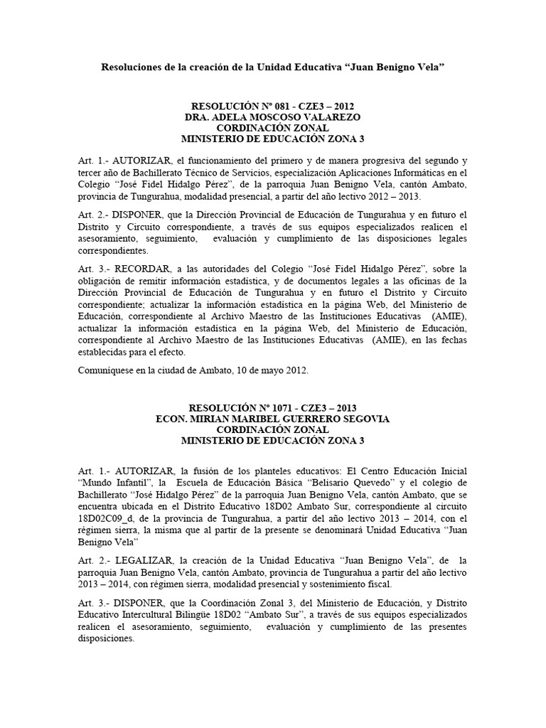 Resoluciones de La Creación de La Unidad Educativa "Juan Benigno Vela ...