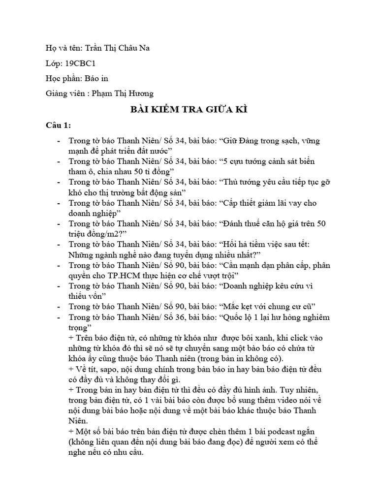 Bài KTGK Báo in | PDF