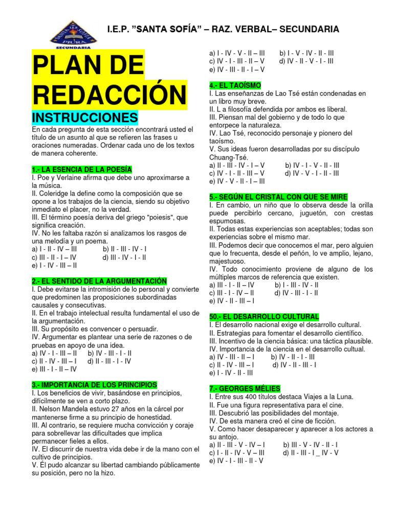 RAZONAMIENTO VERBAL - PLAN DE REDACCIÓN - 3ero SEC. | PDF | Percepción | Sentidos