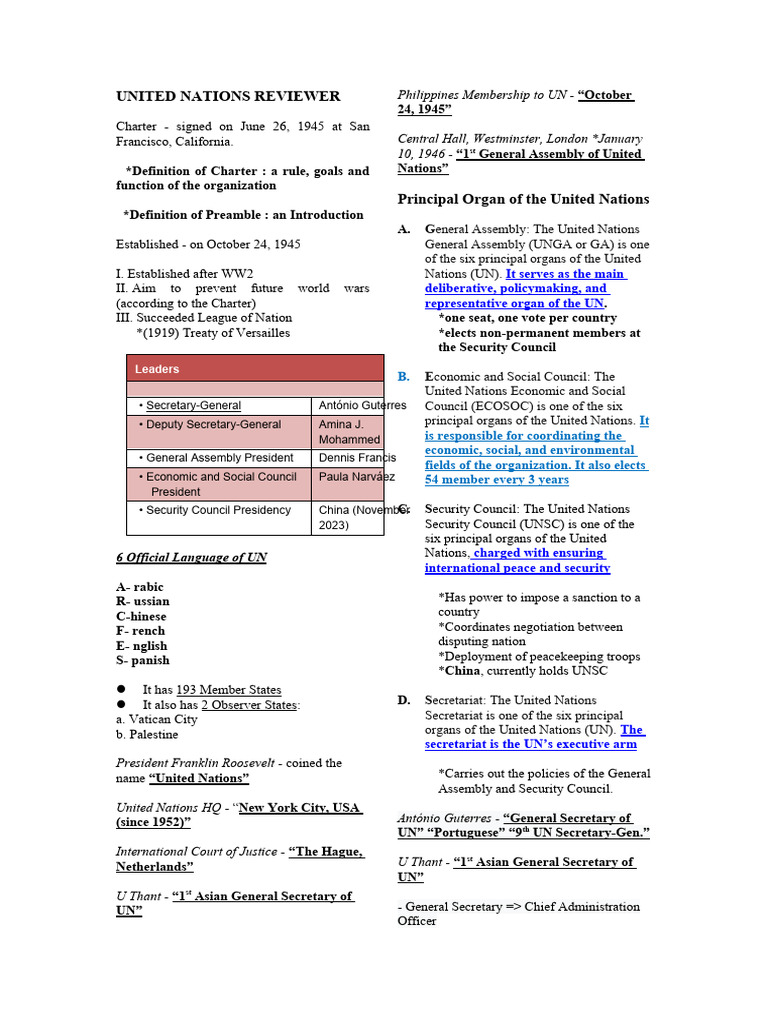 United Nations Reviewer | PDF | United Nations | International Relations