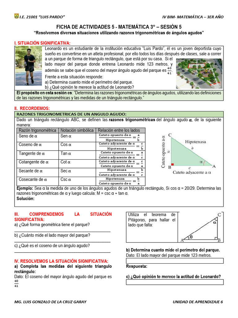 Sesion 5 Unidad 6 Mat3 2023 Ficha | PDF | Funciones trigonométricas | Trigonometría