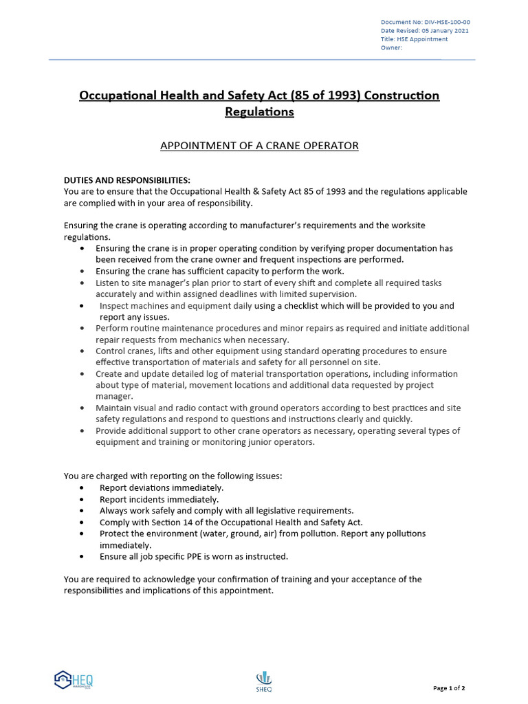 Appointment - CR22 Crane Operator - 2021 | Download Free PDF ...