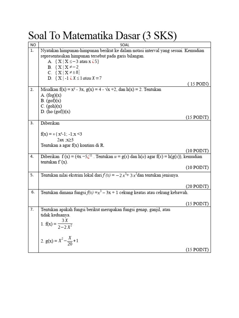 Soal To Matematika Dasar 3 SKS | PDF