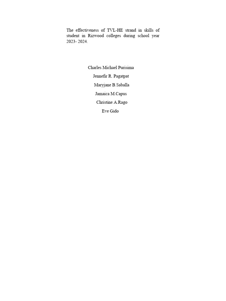 The Effectiveness of TVL-HE Strand in Skills of Student in Rizwood ...
