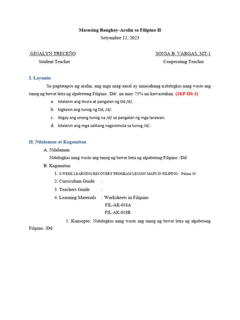 LESSON PLAN IN FILIPINO 09-12-23-GINALYN | PDF