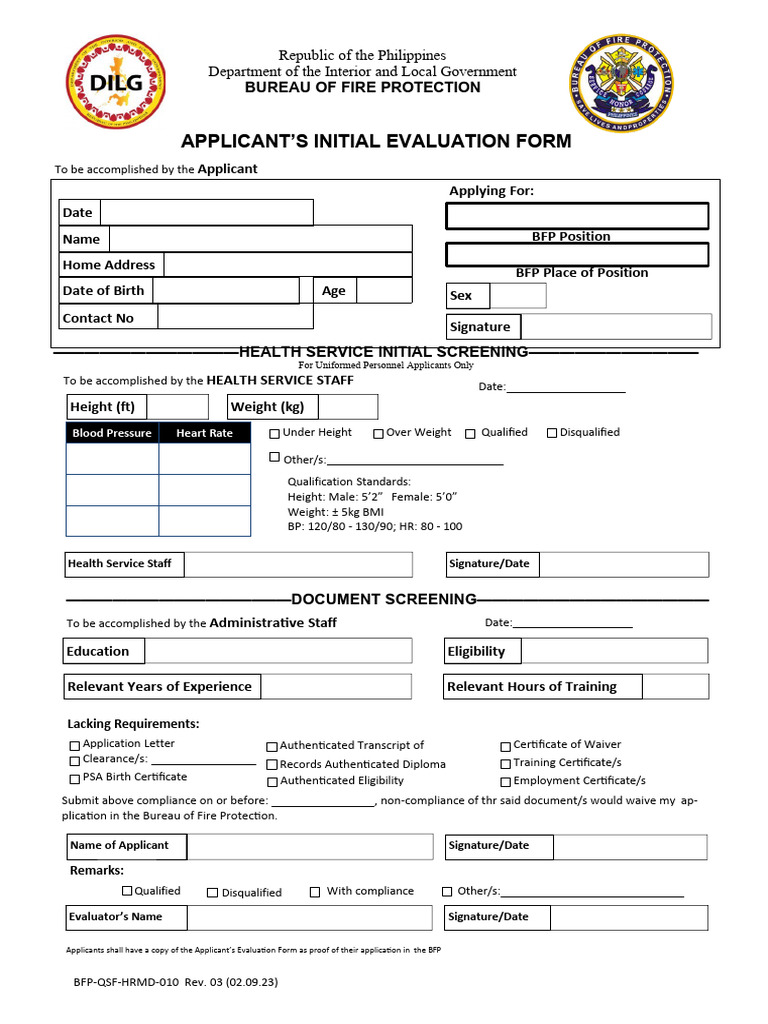 HRMD 10F Initial Evaluation Sheet Rev02 | PDF