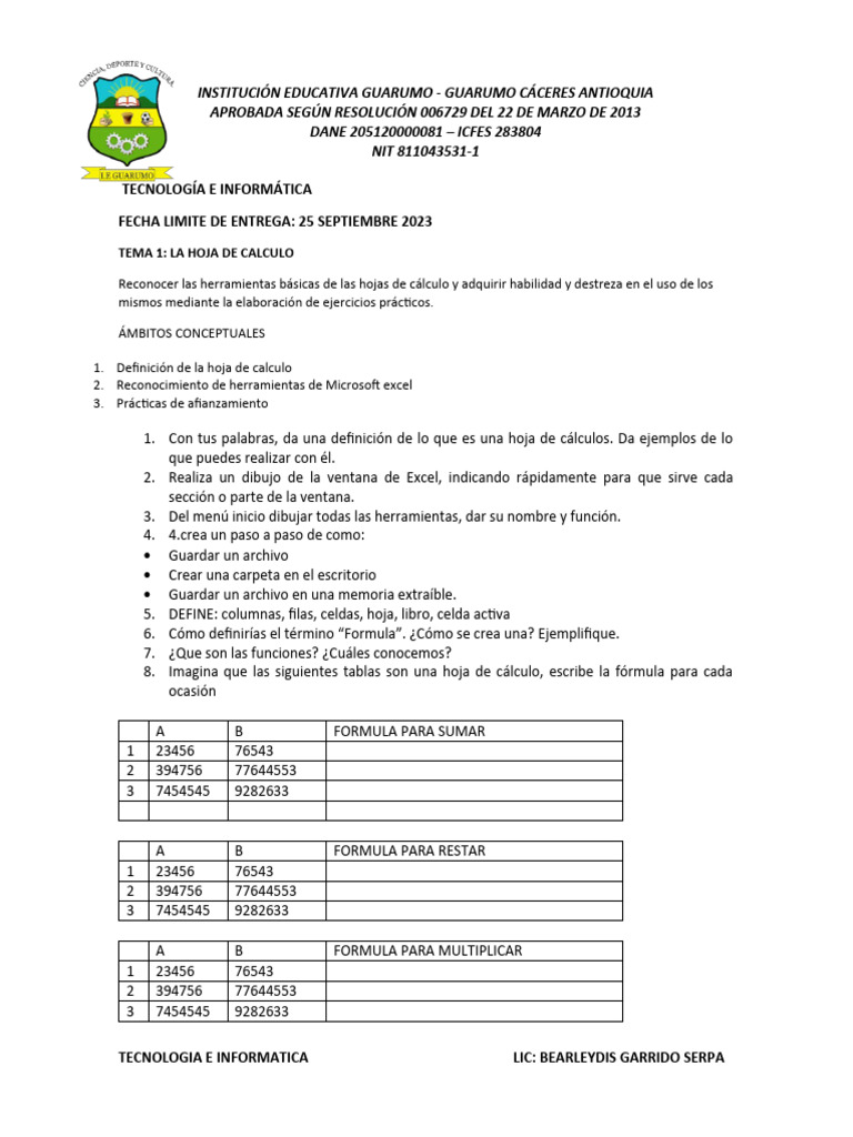 Taller Conceptos Basicos de Excel | PDF | Hoja de cálculo | Microsoft Excel