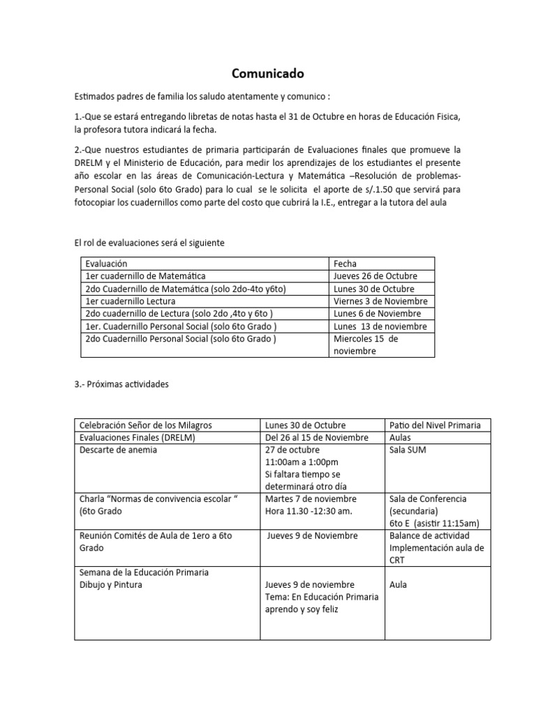 Comunicado Evaluacion Final 2023 | PDF | Educación primaria