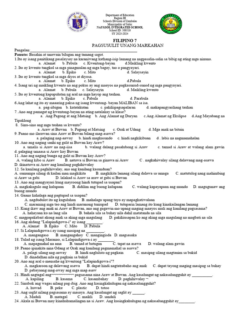 Filipino 7 Exam | PDF