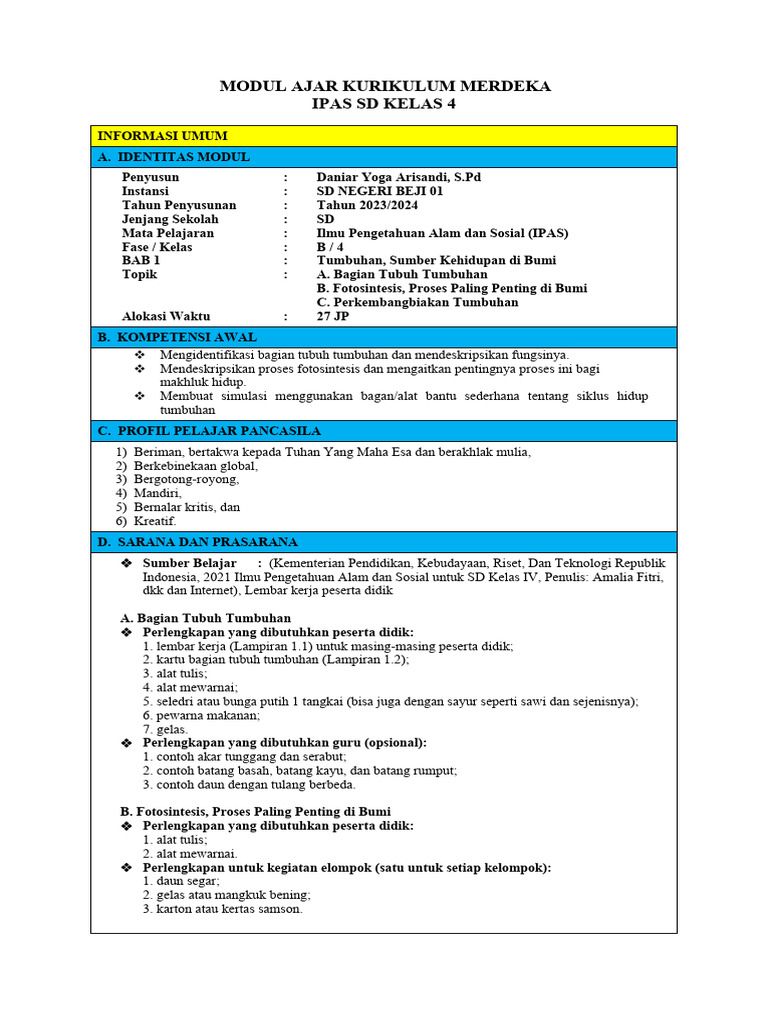 Modul Ajar Ipas Bab 1 | PDF