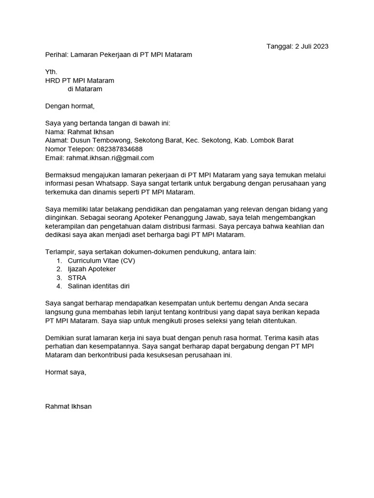 Contoh Surat Lamaran Kerja di PT yang betul | PDF