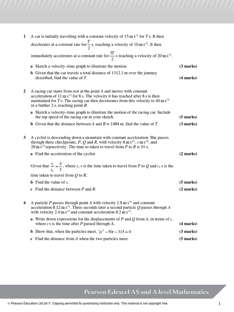 As Applied Unit 7 Kinematics 1 (Constant Acceleration) QP | PDF ...