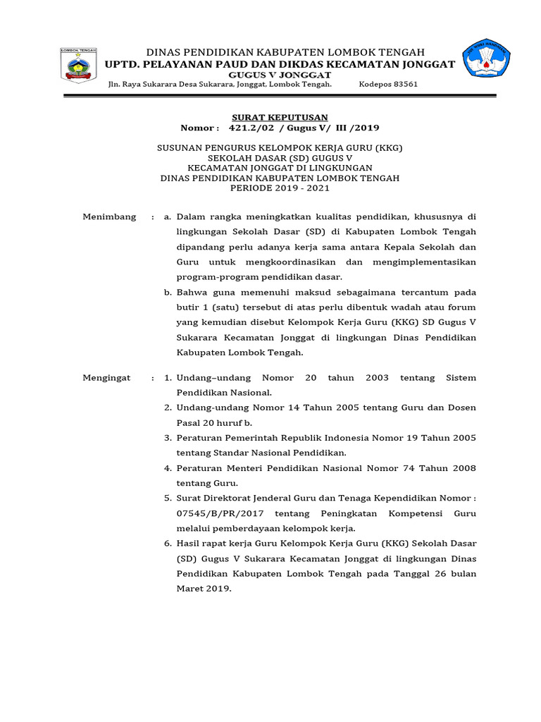 Susunan Pengurus KKG SD Gugus V 2019-2021 | PDF