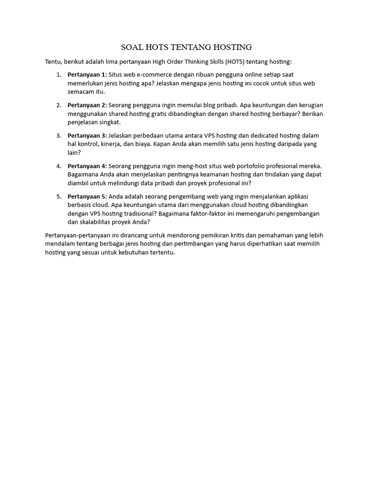 Soal HOTS tentang Jenis Hosting | PDF | Komputer