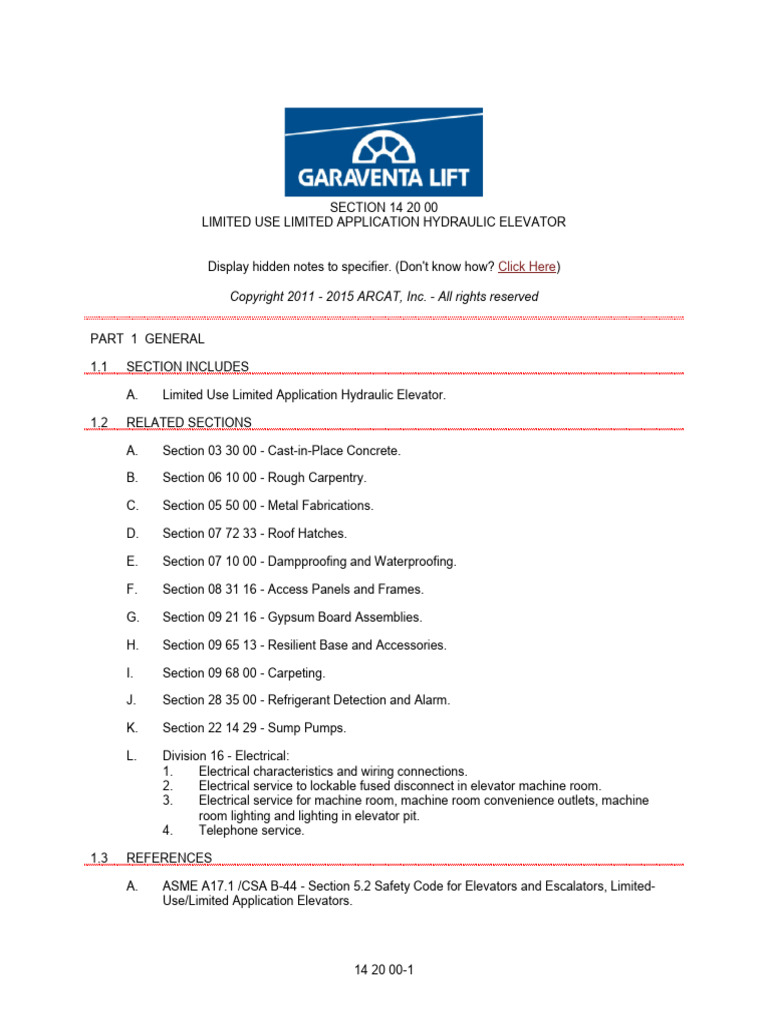 14 20 00 Hydraulic Passenger Elevator (Garaventa Lift) | PDF | Elevator ...