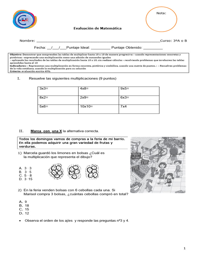 Prueba de Multiplicación 3ero Básico | PDF | Multiplicación | Matemáticas