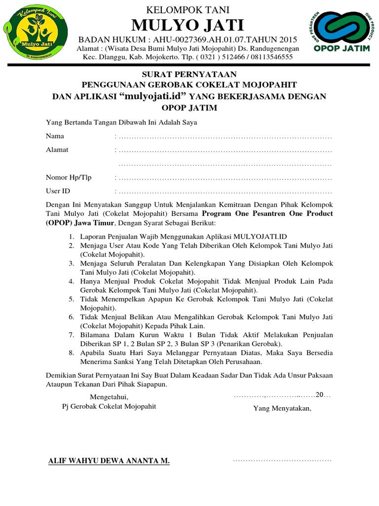 Surat Pernyataan Kemitraan 1000 Gerobak Opop Jatim 2021 | PDF