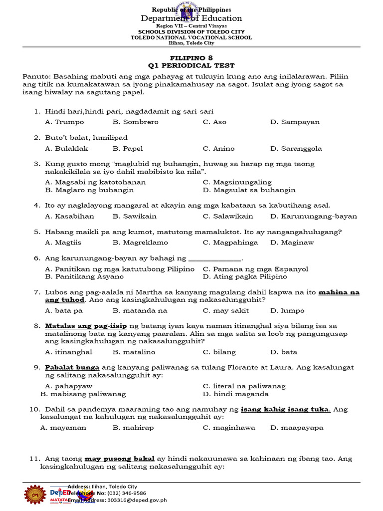 Q1 Filipino 8 TQ 23-24 | PDF
