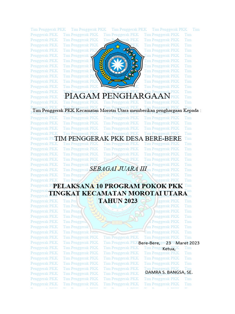Piagam 10 Pokok PKK (Logo Warna) Juara III | PDF