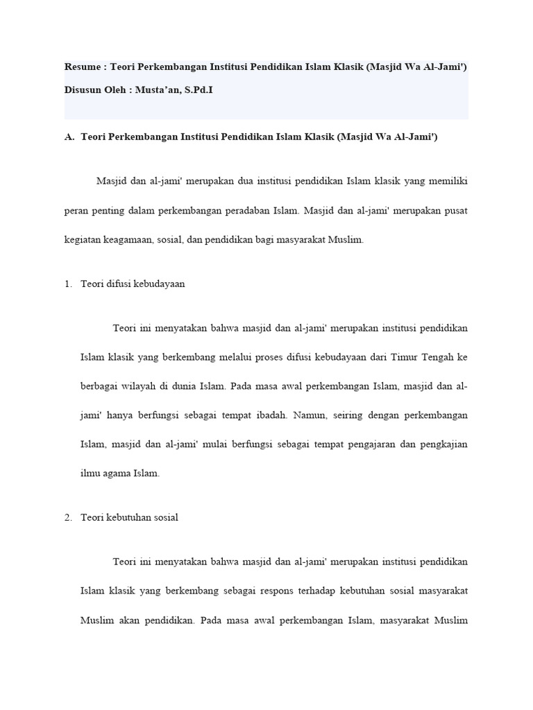 Resume Teori Perkembangan Institusi Pendidikan Islam Klasik (Masjid Wa Al-Jami') | PDF
