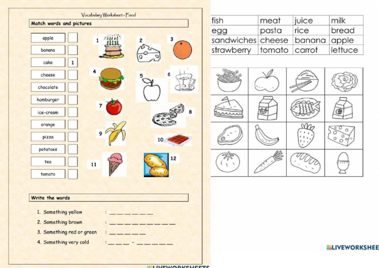 English Year 1 Food Worksheet 2 Pages Landscape | PDF