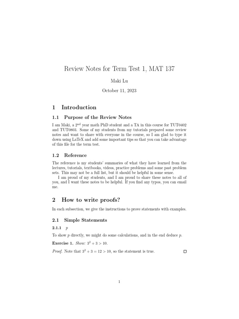 Review Notes For Term Test 1, MAT 137 | PDF | Mathematical Proof ...