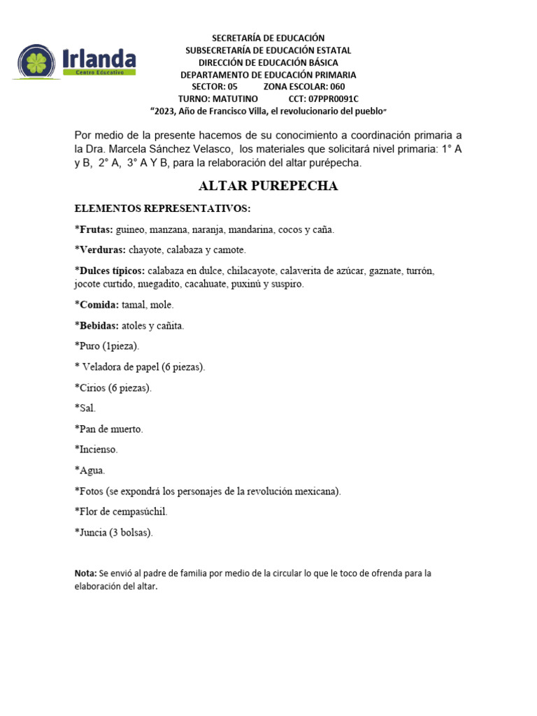 Elementos del Altar Purépecha Escolar | PDF