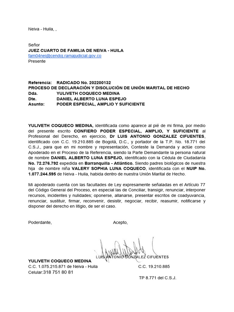 Poder Contestacion Demanda Divorcio Yuliveth Neiva | PDF