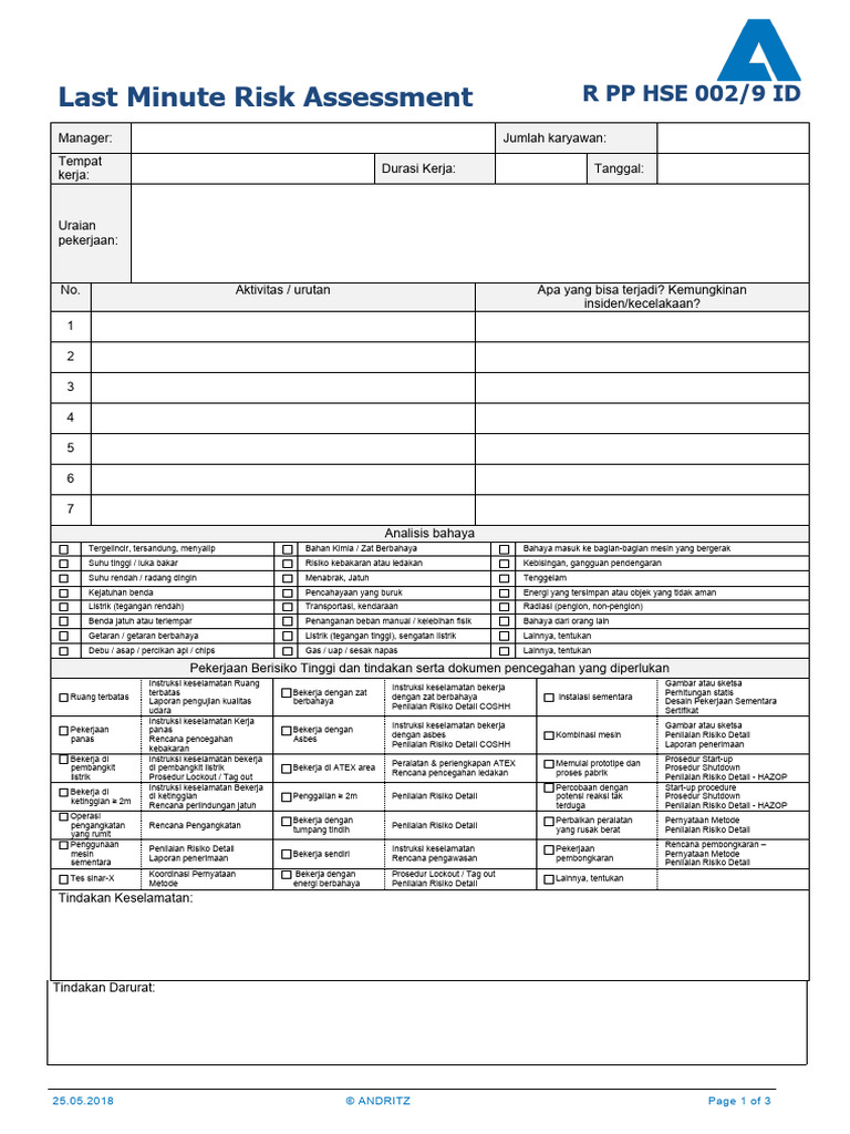 R PP HSE 002 - 9 ID Formulir Last Minute Risk Assessment | PDF