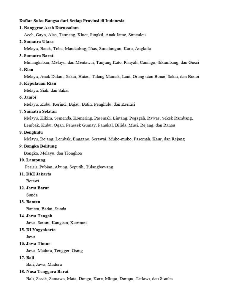 Daftar Suku Bangsa Dari Setiap Provinsi Di Indonesia | PDF