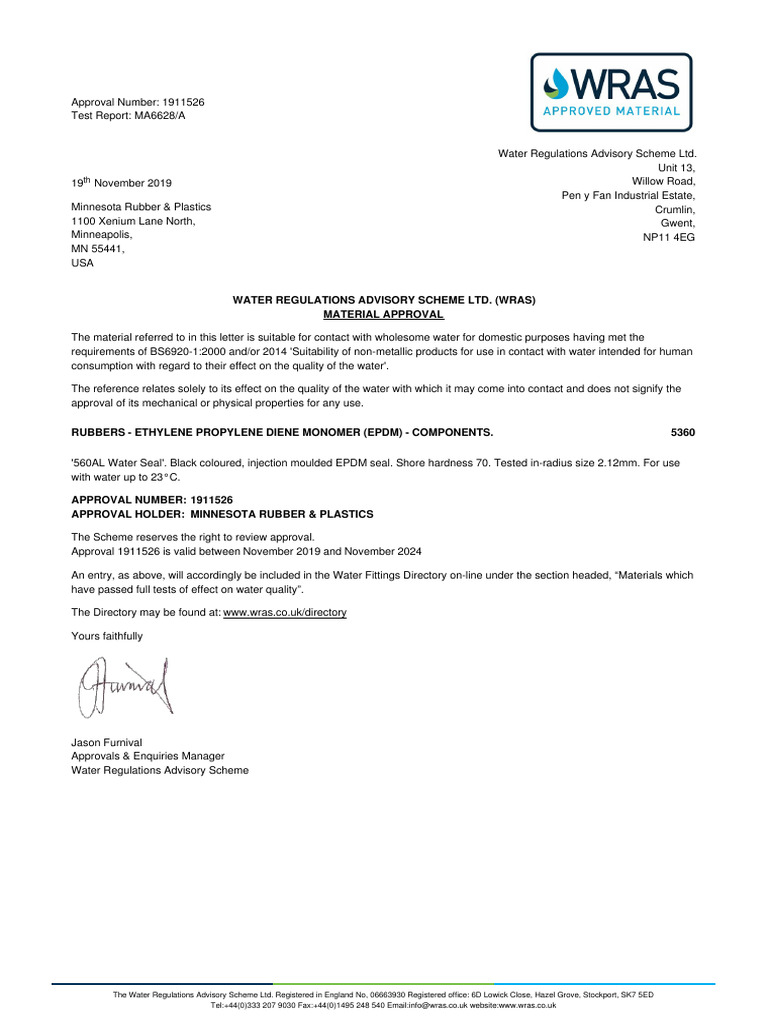 WRAS Approval for EPDM Water Seal | PDF | Law