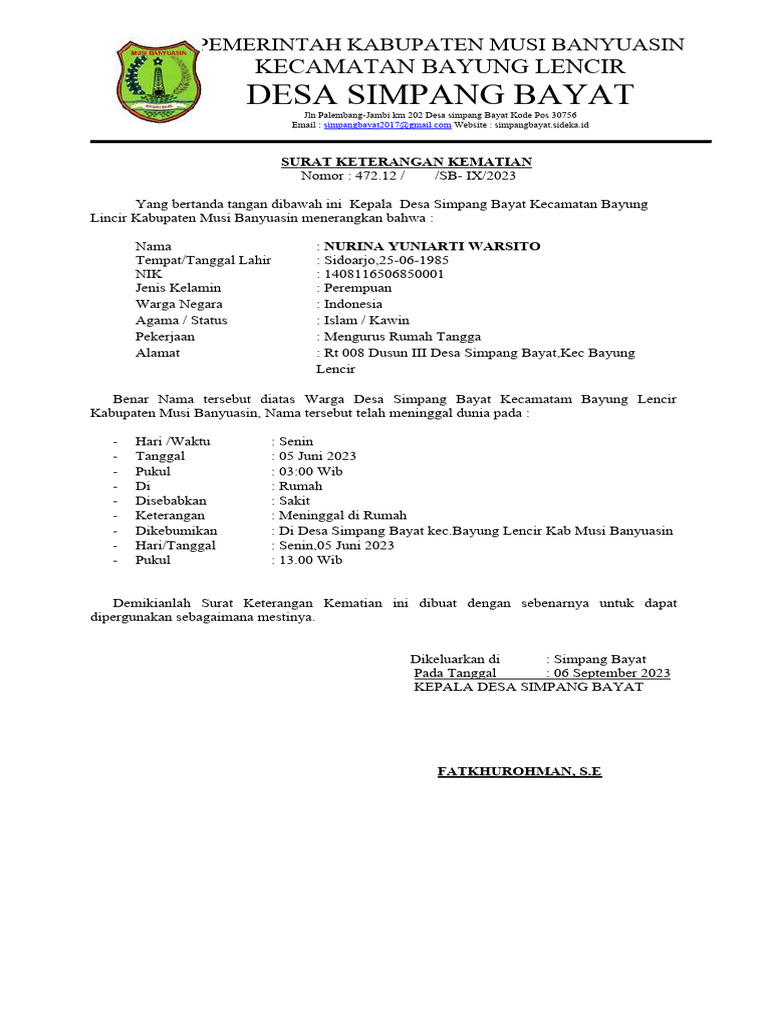 SURAT KETERANGAN kematian Ahmad holidi | PDF