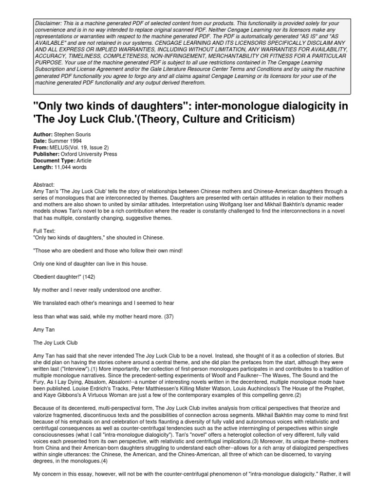 Only Two Kinds of Daughters in Joy Luck Club | PDF