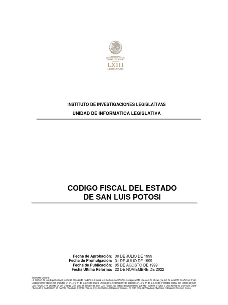 Codigo Fiscal Del Estado de San Luis Potosi 22 Nov 2022 | PDF | Cheque ...
