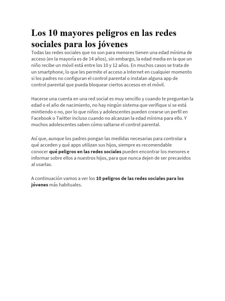 Los 10 Mayores Peligros En Las Redes Sociales Para Los Jóvenes Pdf