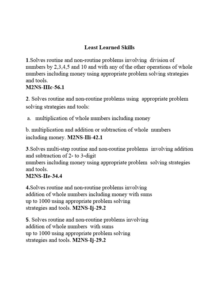 Least Learned Skills Word Problems | PDF